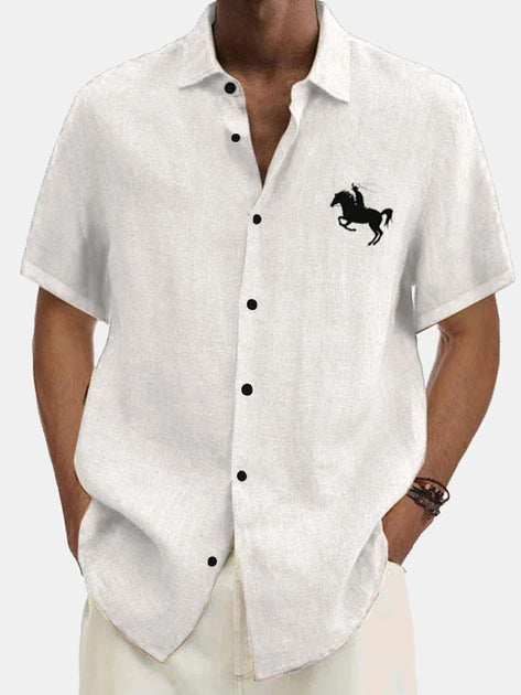 Fydude Men's Solid Color Cowboy Equestrian Print Cotton Linen Shirt