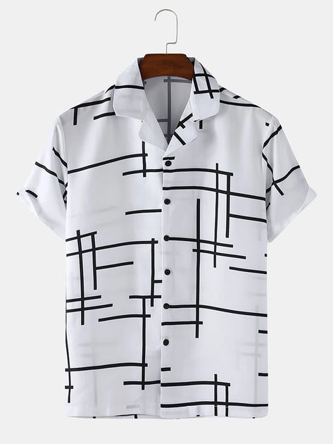 Mens Cotton Irregular Line Print Plain Loose Thin Short Sleeve Shirts ...