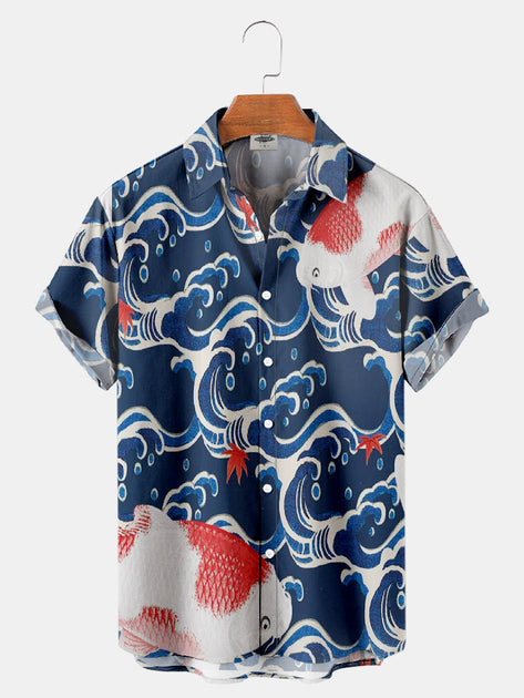 Men's "Ocean Waves Koi Fish" Print Shirt – Fydude